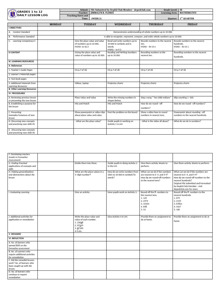 DLL - Mathematics 3 - Q1 - W2 | PDF | Learning | Cognition