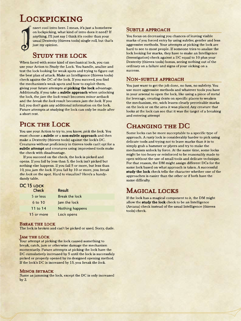 Lockpicking For DND 5e | PDF