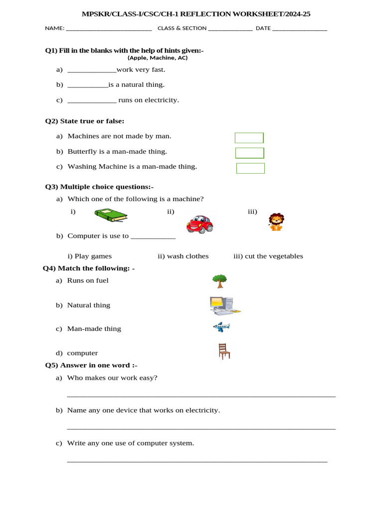 Class 1 ch-1 Worksheet | PDF | Computers
