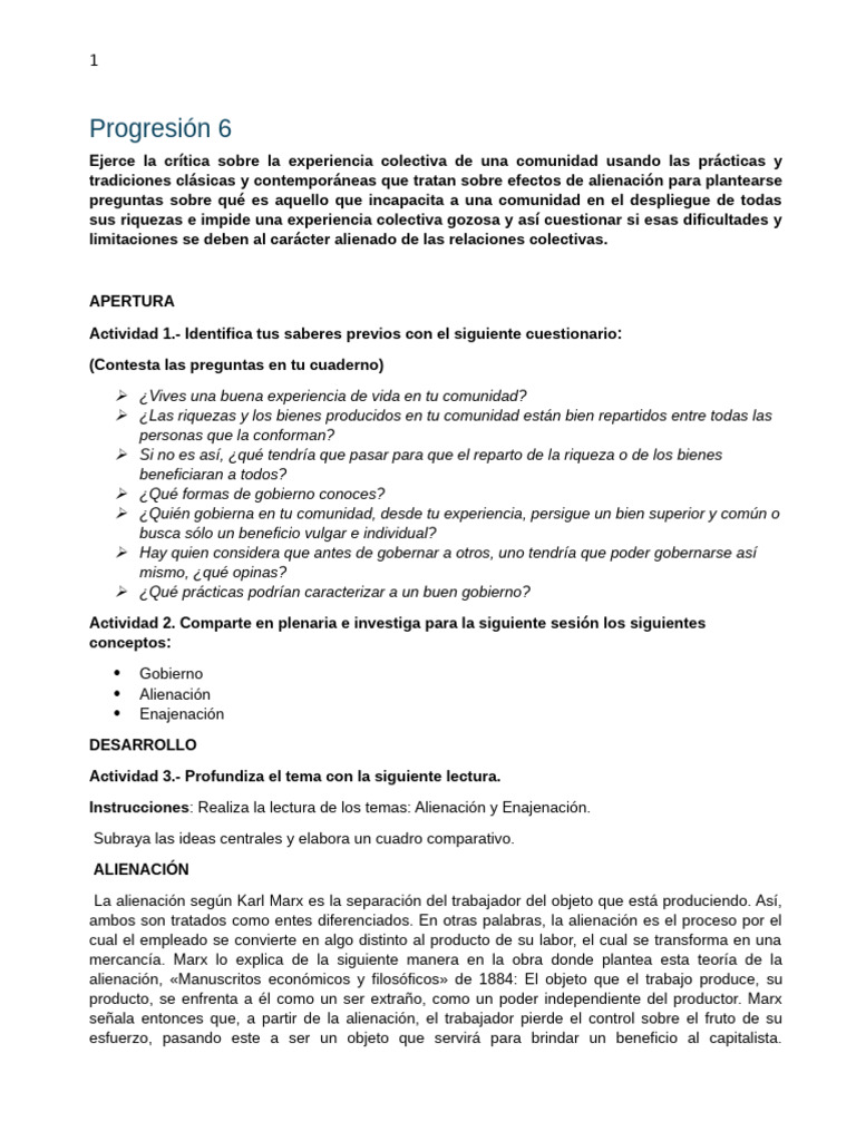 Material de La Progresion 6 | PDF | marxismo | La teoría de la alienación de Marx