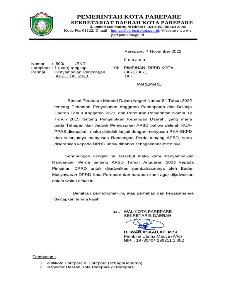 Surat Pengantar Penyampaian APBD 2023 | PDF