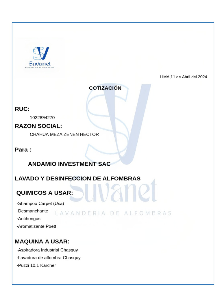 Cotización Lavado de Alfombra para Andamio Investment Sac | PDF
