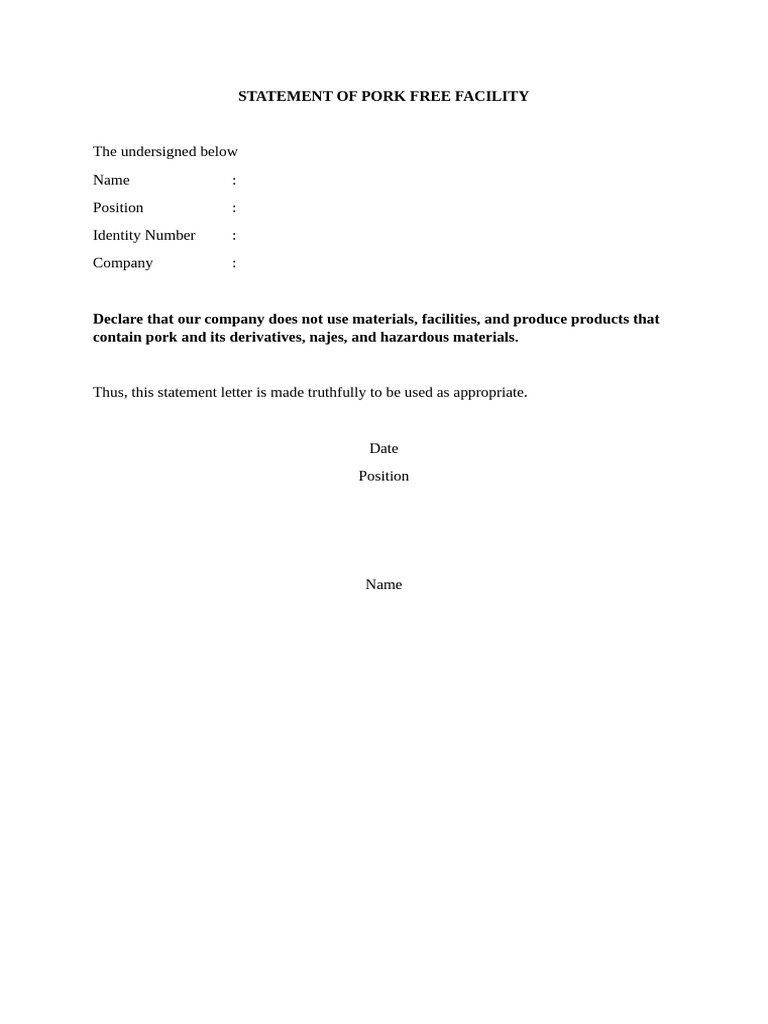 Pork Free Facility Declaration | PDF