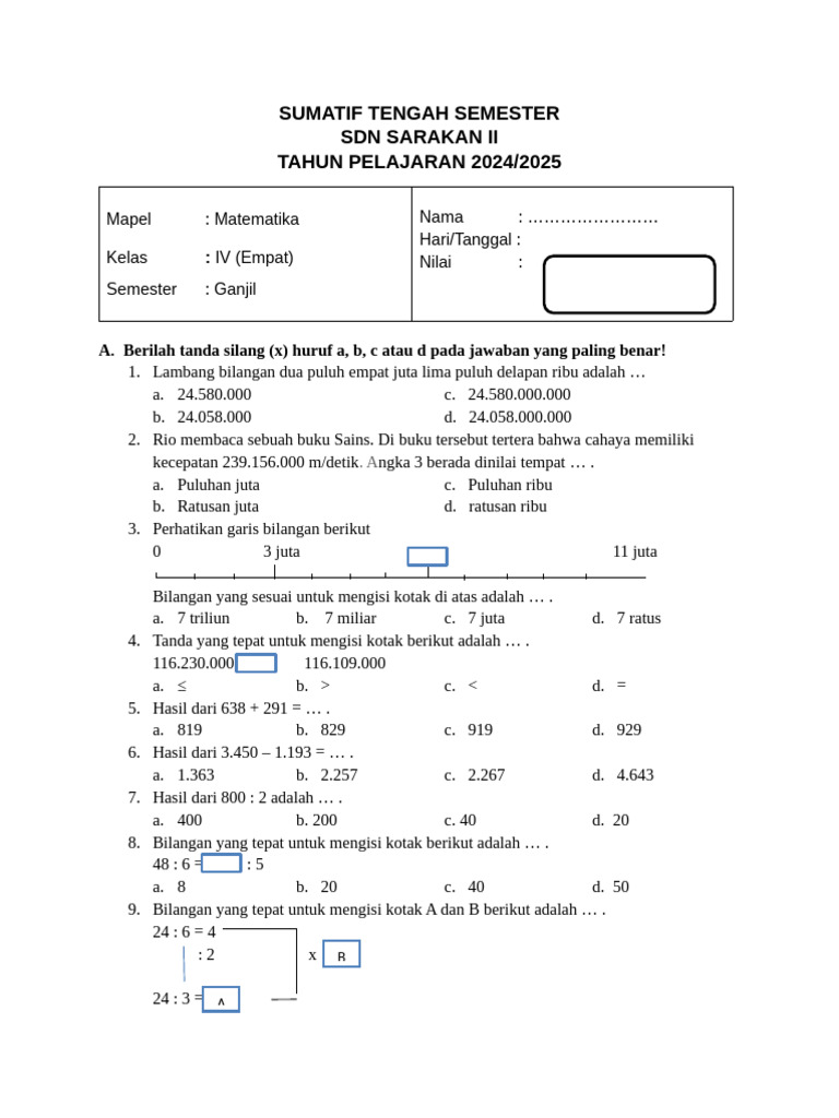 PTS MTK Kelas 4 | PDF