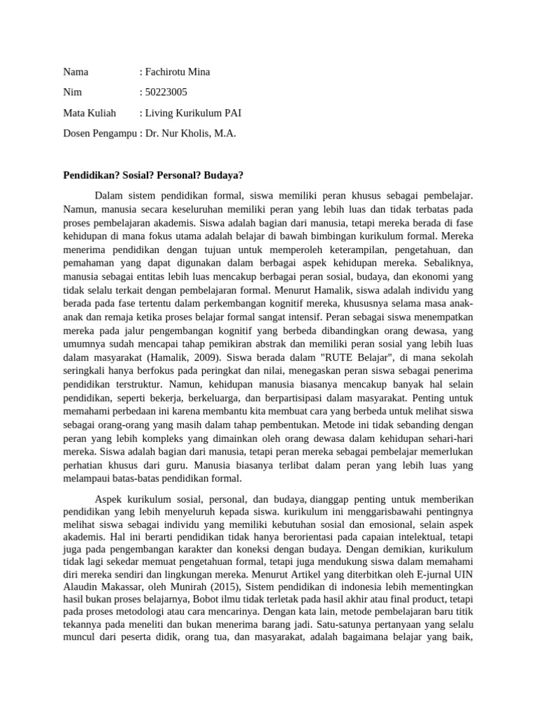 Tugas Living Kurikulum Pai - Fachirotu Mina - Mpai A | PDF