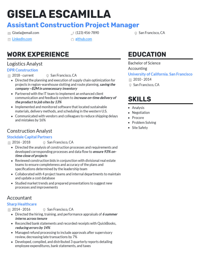 Assistant Project Manager Construction Standout Resume Example | PDF ...