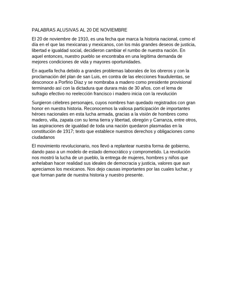 Palabras Alusivas Al 20 de Noviembre | PDF | Viajes y turismo