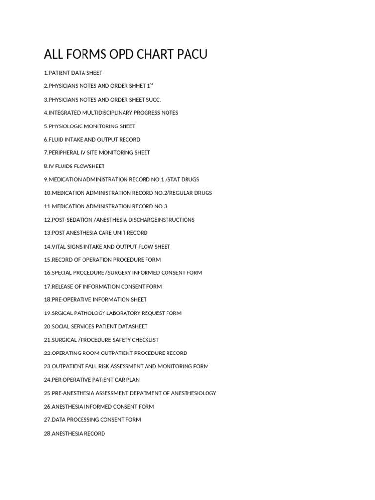 All Forms Opd Chart Pacu | PDF