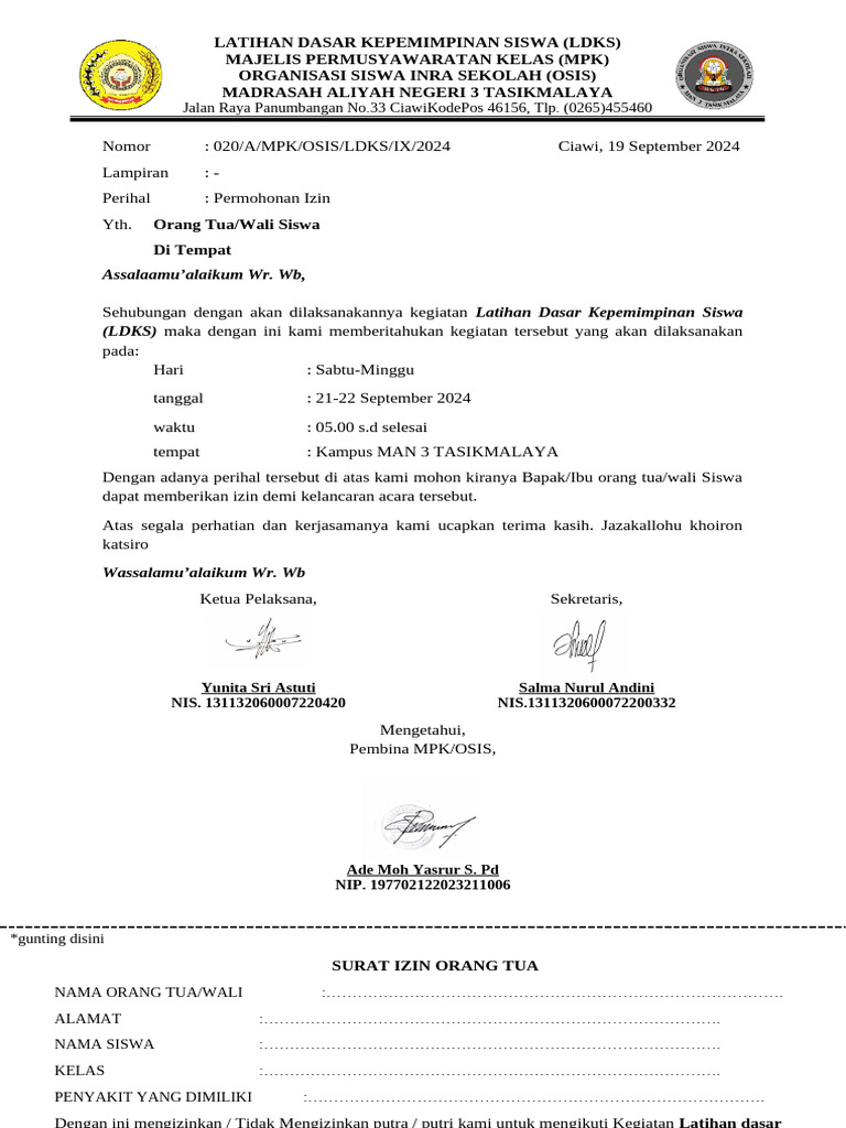 Surat Izin Orang Tua LDKS | PDF