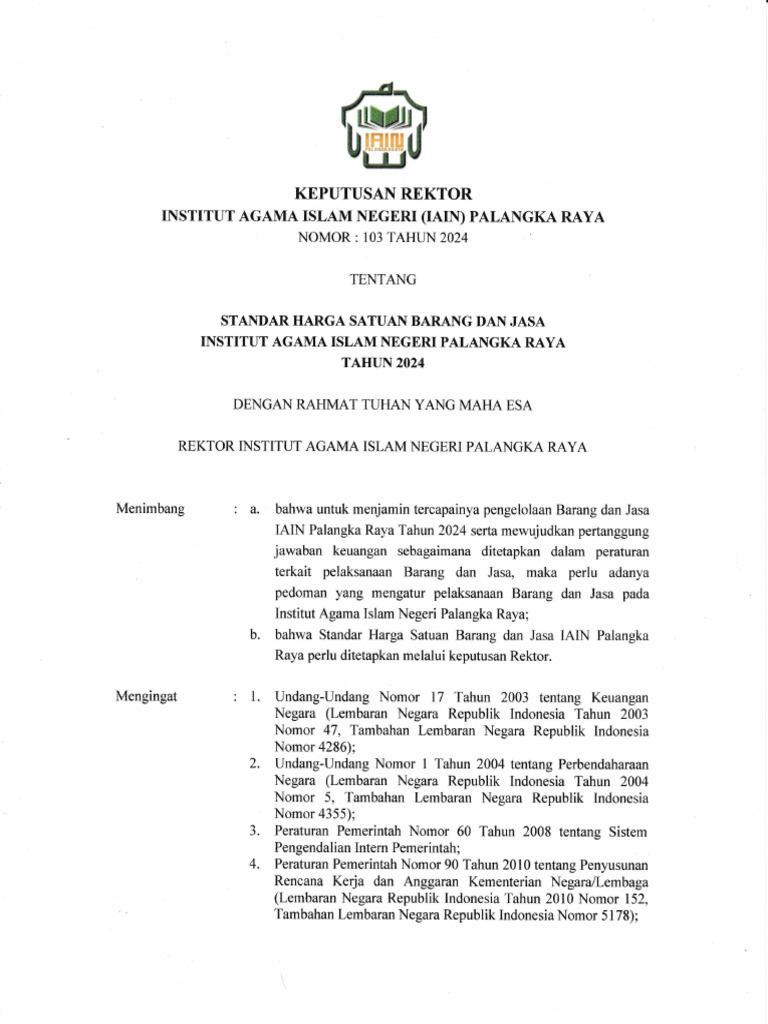 Standar Harga Satuan IAIN Palangka Raya 2024 | PDF
