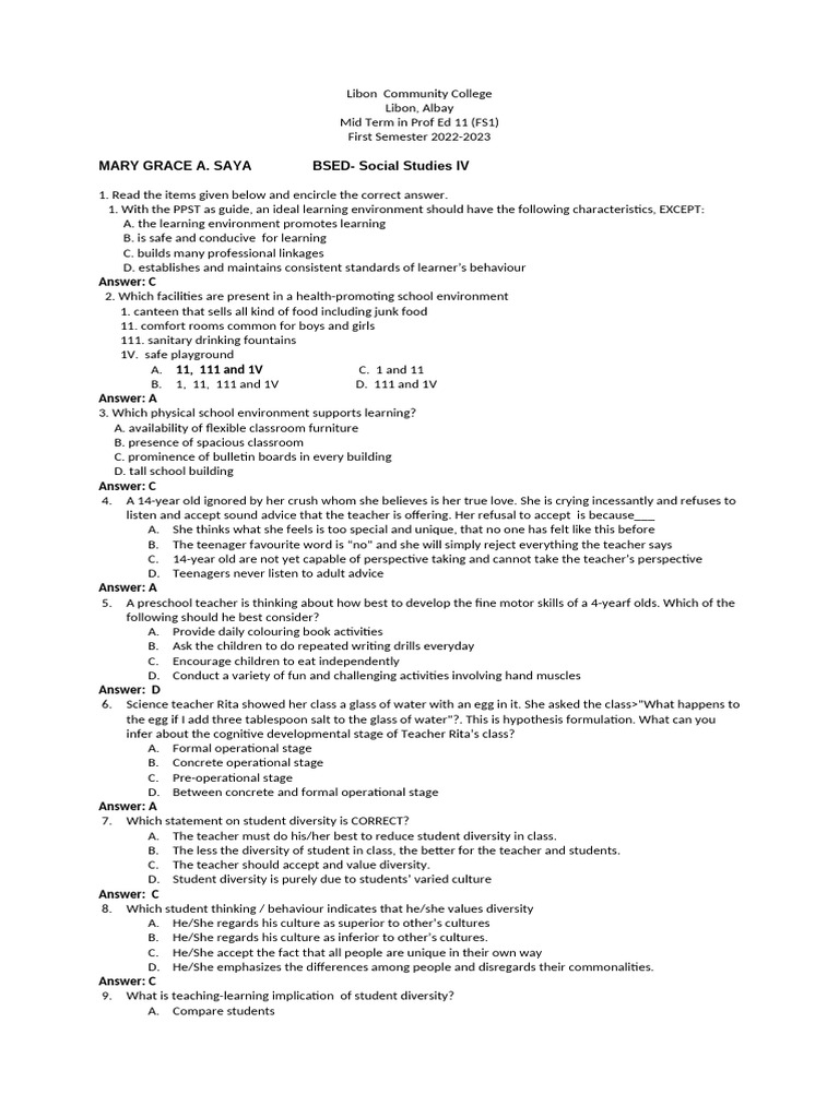 SAYA - MARY GRACE. - FS-1-Midterm | PDF | Learning | Curriculum