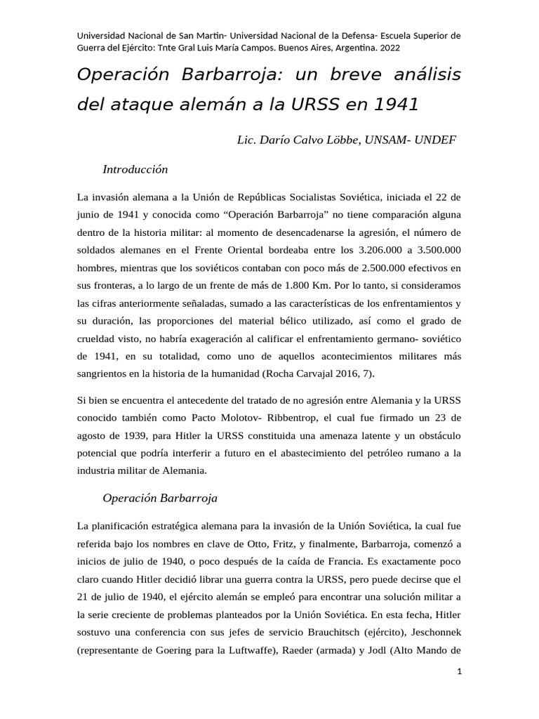 Dario Calvo Löbbe - Operacion Barbarossa. Un Breve Analisis Sobre La ...