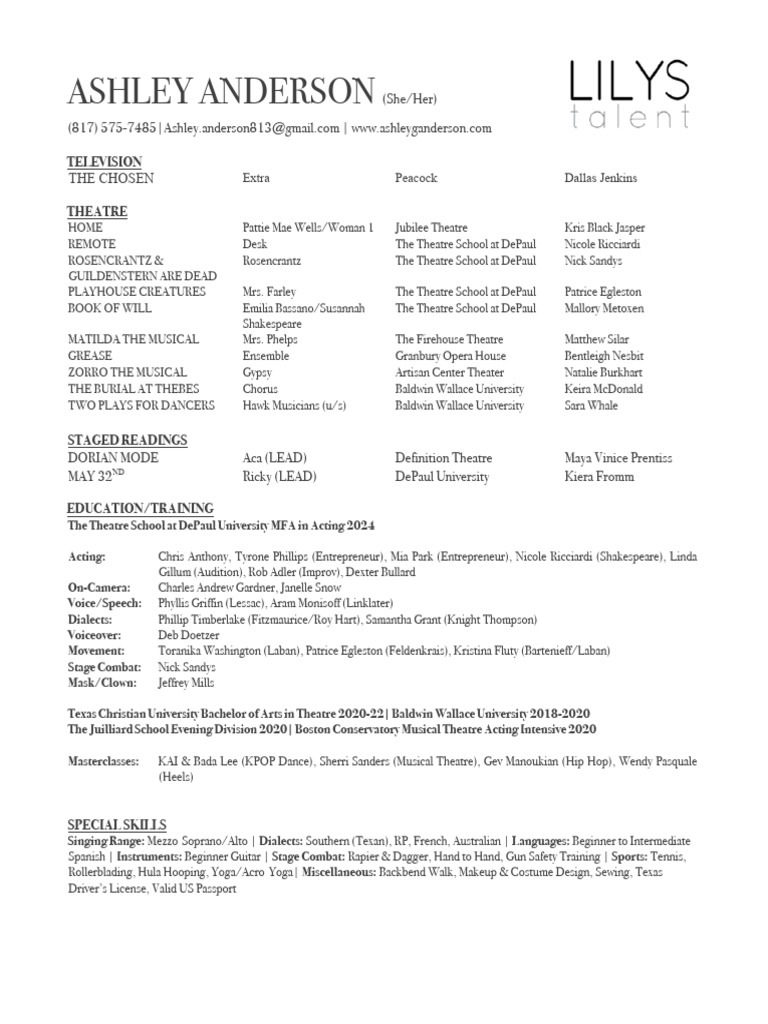 Ashley Anderson Acting Resume | PDF | Performing Arts | Theatre