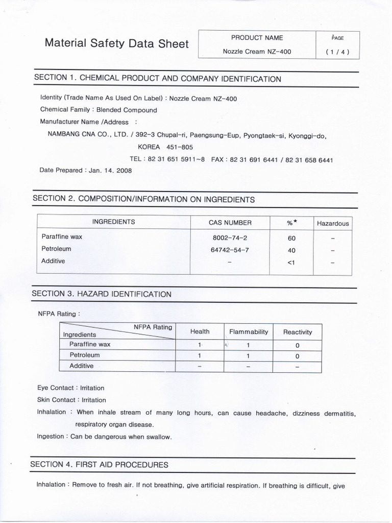 Msds Nabakem NZ 400 Nozzle Cream For Welding Torch | PDF