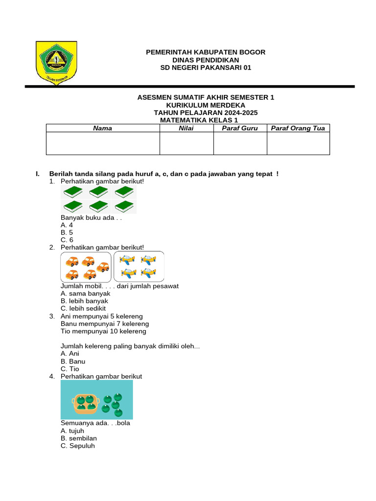 ASAS GANJIL MTK KELAS 1 TP 2024-2025 by Bupidi | PDF