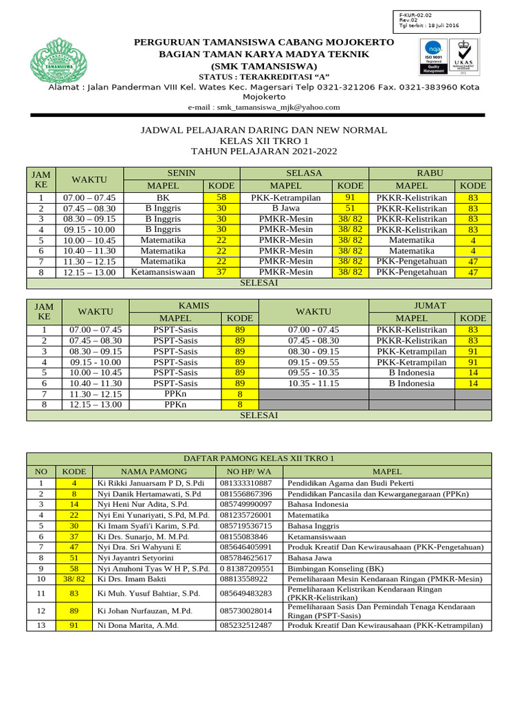 Jadwal Daring Xii Tkro 1 (Revisi 2 Agustus 2021) | PDF