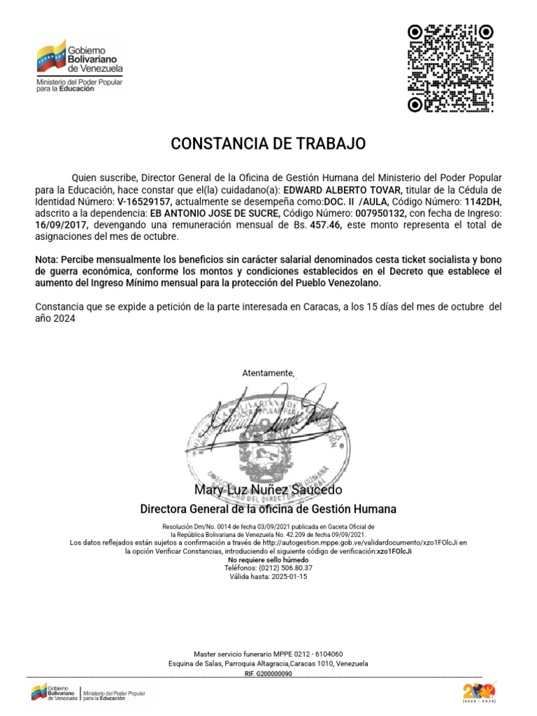 Constancia de Trabajo de Edward Tovar | PDF