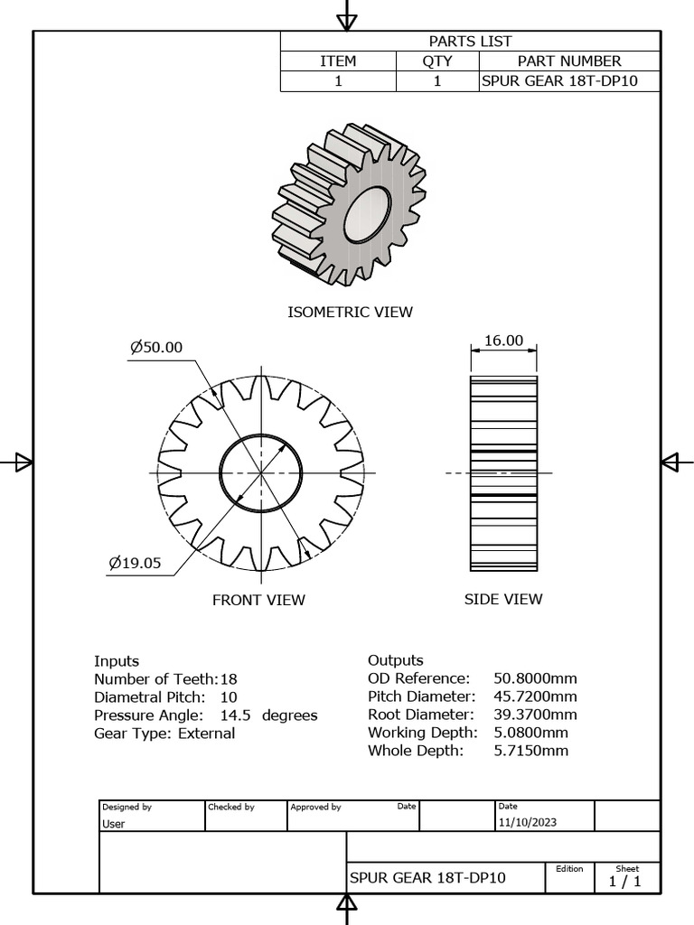 18T Spur Gear Specifications Drawing | PDF