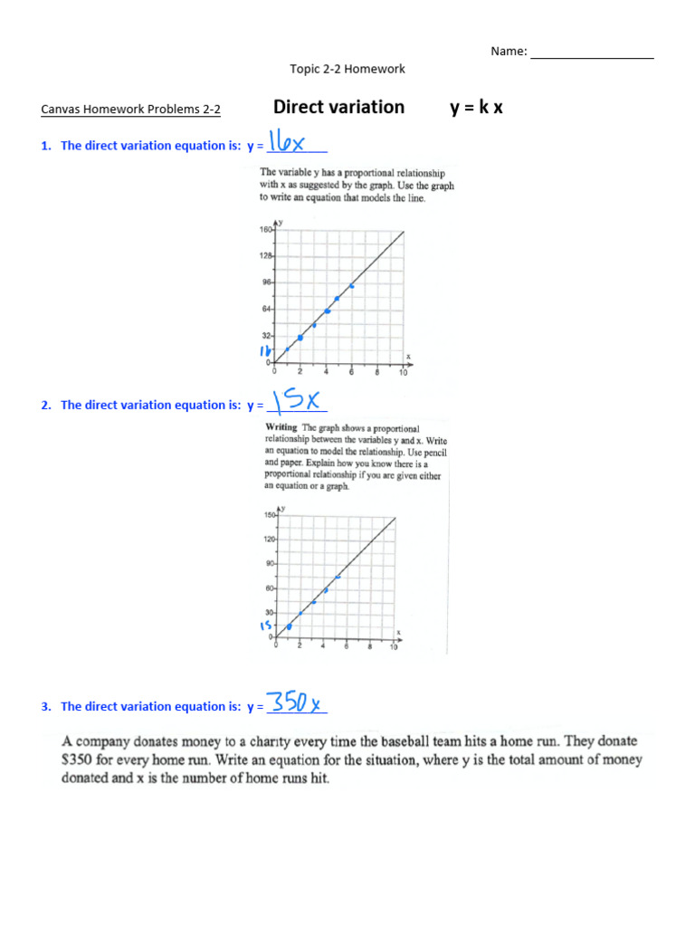 Direct Variation Homework | PDF
