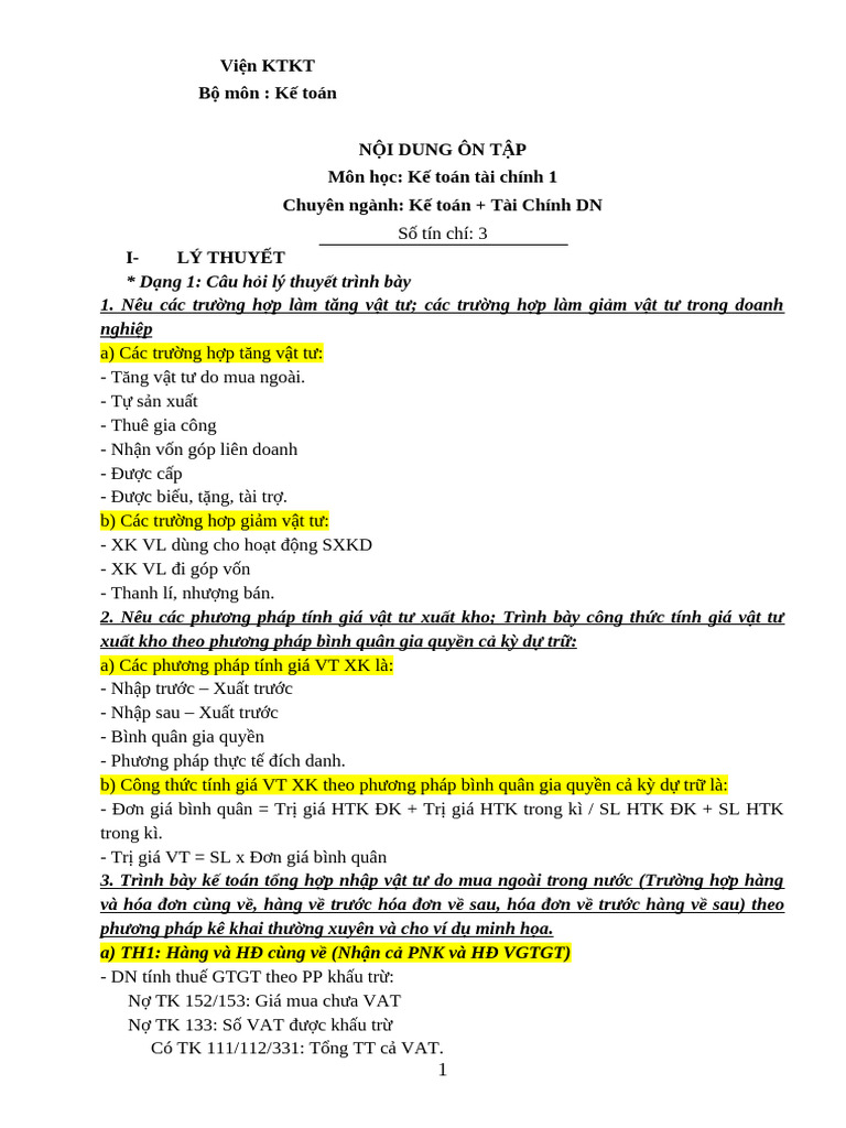 Đề Cương Ôn Tập KTTC 1 - HKP | PDF