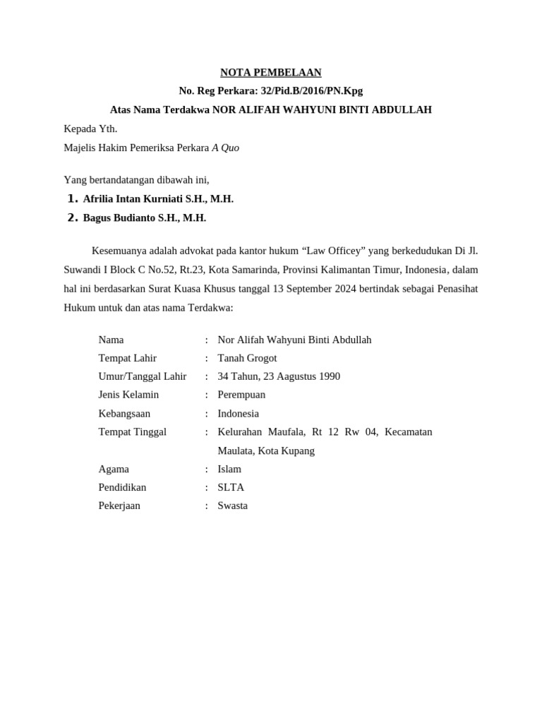 Nota Pembelaan (Pledoi) Penasehat Hukum | PDF