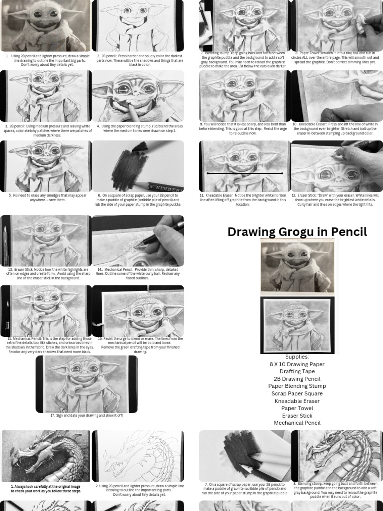 Pencil Lessons Grogu Dragon Bunny | PDF | Pencil | Drawing
