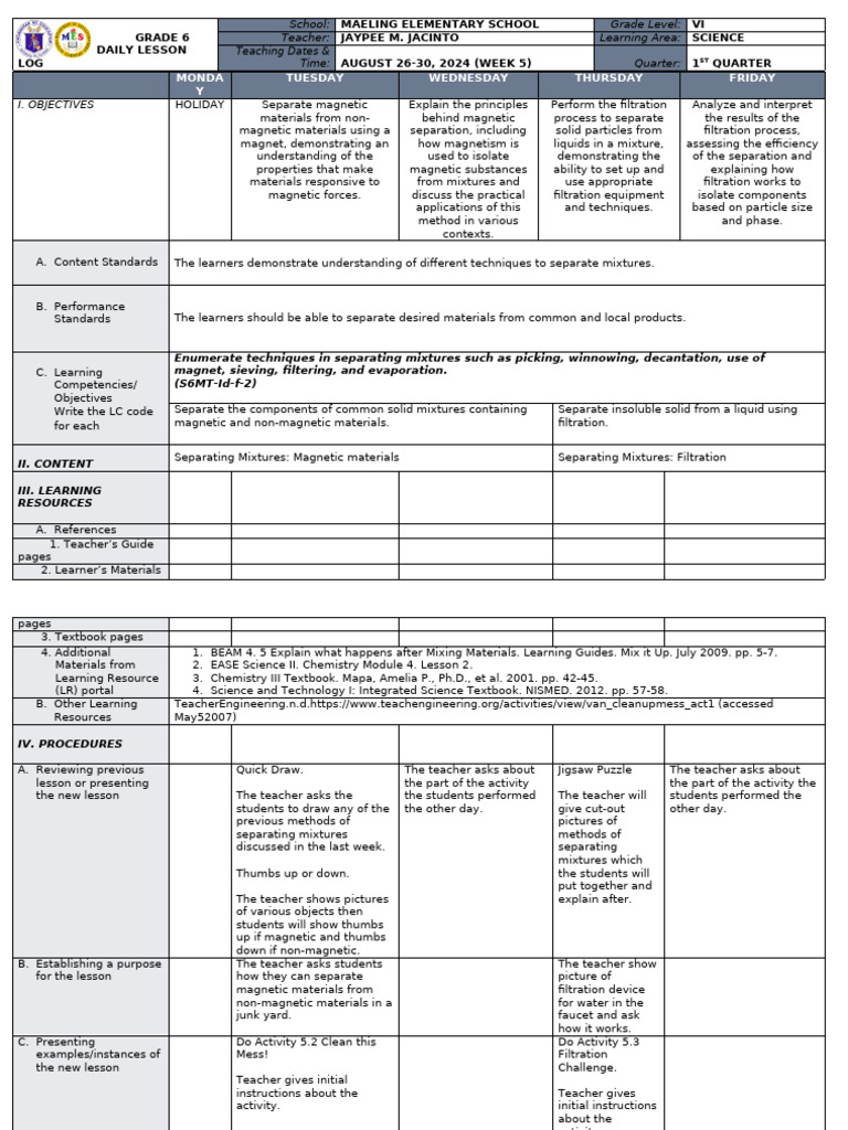 DLL_SCIENCE 6_Q1_W5 | PDF | Filtration | Learning