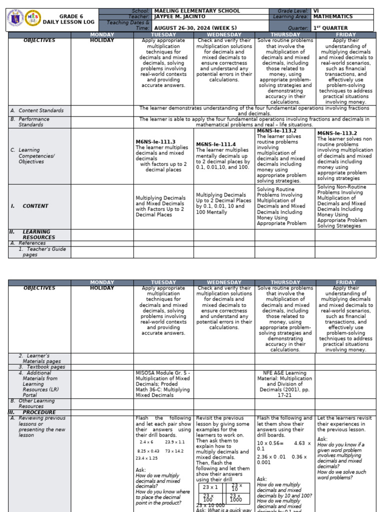 DLL - Mathematics 6 - Q1 - W5 | PDF | Multiplication | Learning