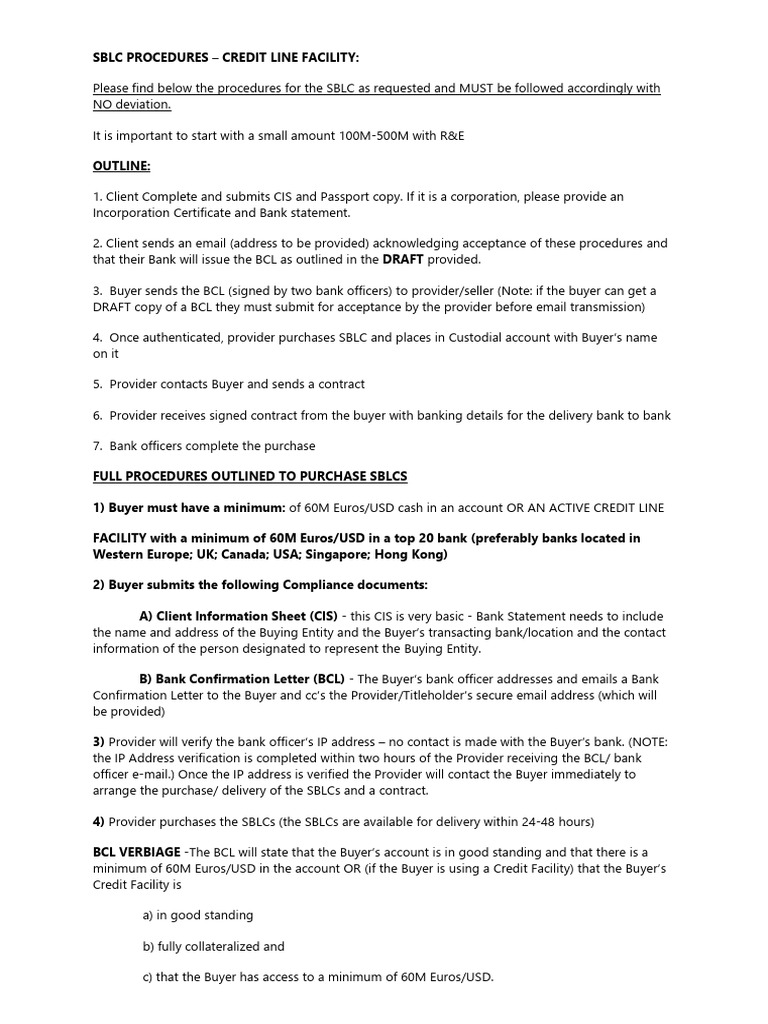 Attachment Filename SBLC CREDIT LINE PROCEDURES | PDF | Letter Of Credit | Business