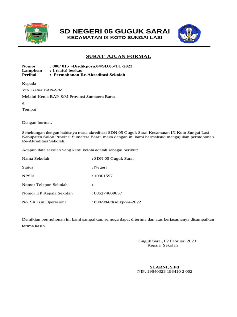 Surat Ajuan Formal Akreditasi SDN 05 GGS | PDF