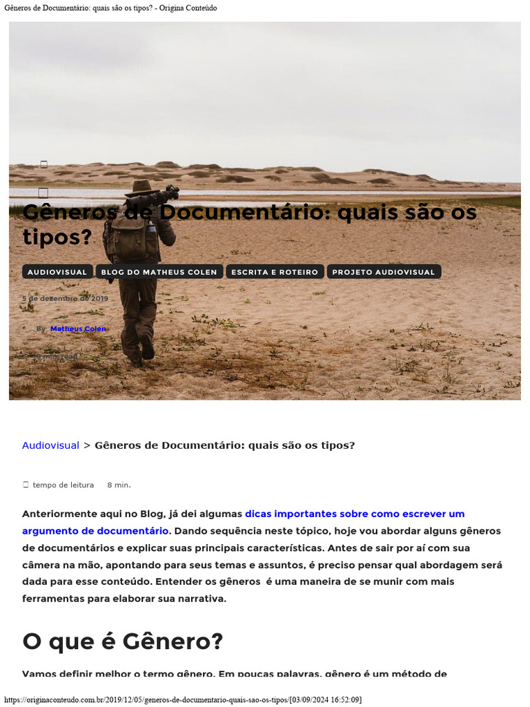 Gêneros de Documentário Quais São Os Tipos - Origina Conteúdo | PDF | Documentário | Narrativa