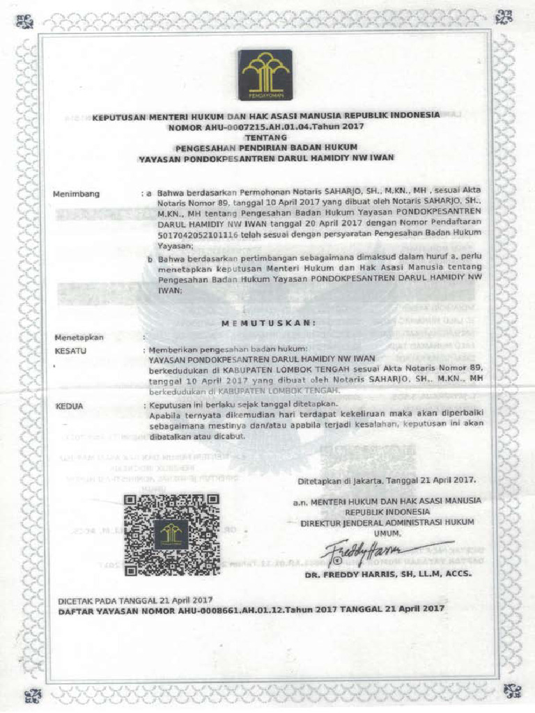 SK Pengesahan Kemenkumham | PDF