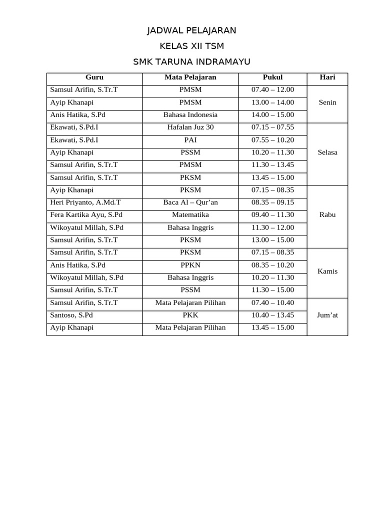Jadwal Kelas XII TSM SMK Taruna | PDF
