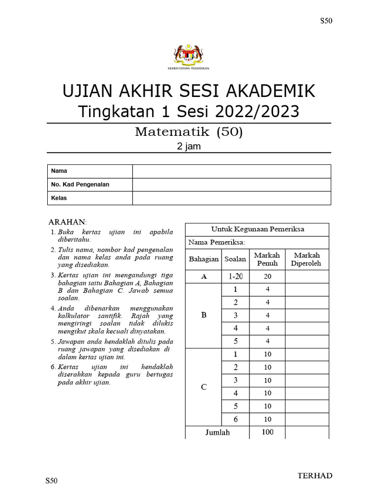 Soalan Math F1 | PDF