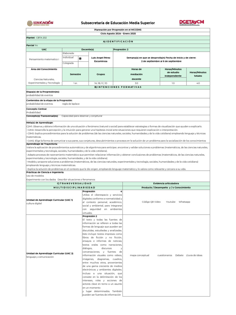 UAC Ciencias Naturales Progresion 2 en Excel Formato | PDF | Matemáticas | Humanidades