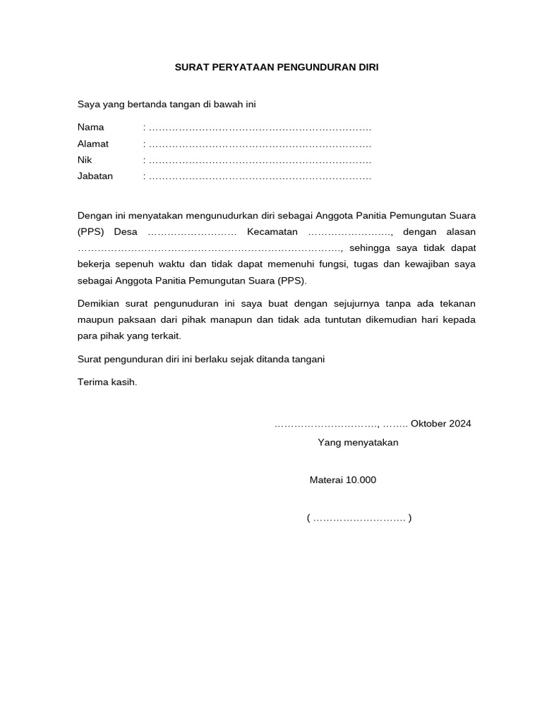 Surat Peryataan Pengunduran Diri - KPPS - Desa Boro | PDF