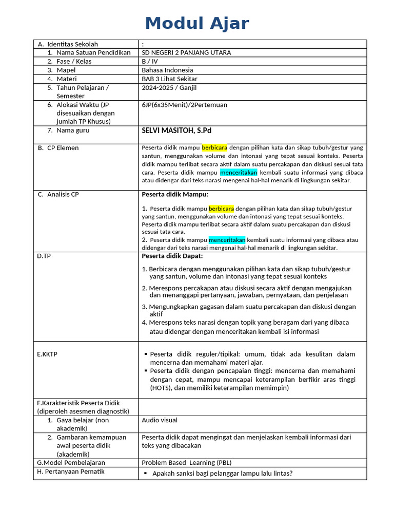 Modul Ajar B.Ind Bab.3 kls.4 | PDF