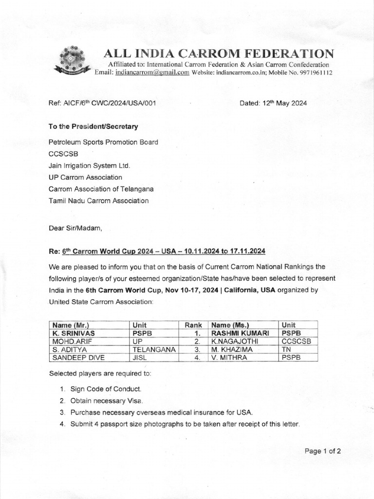 Selection 6th CWC 2024 | PDF