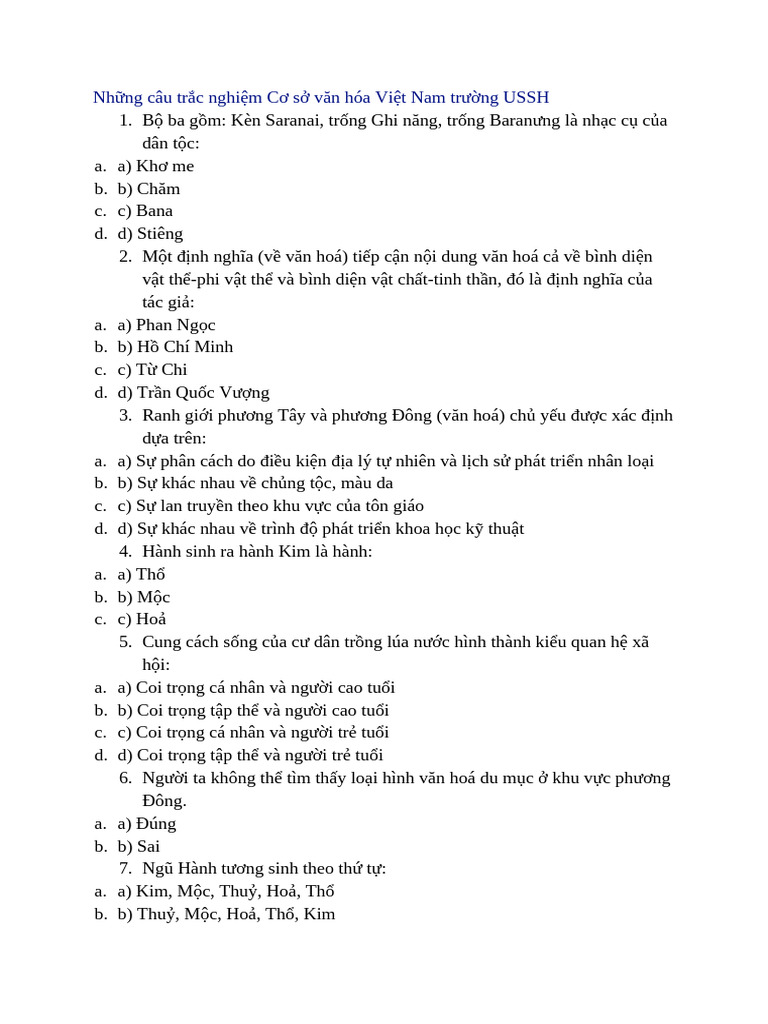 Những câu trắc nghiệm Cơ sở văn hóa Việt Nam trường USSH | PDF