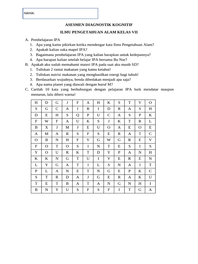 Asesmen Diagnostik Kognitif Ipa 7 | PDF | Seni & Disiplin Bahasa | Pengembangan Diri