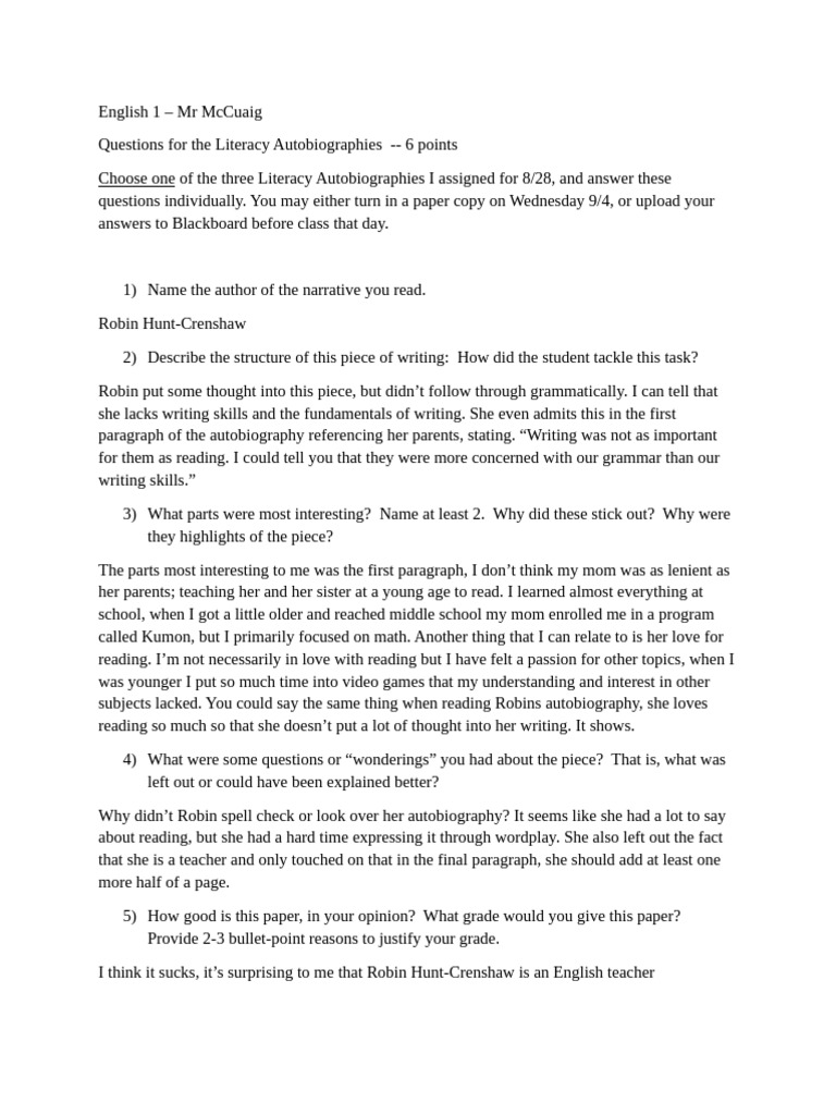 Literacy Autobiography Individual Critique | PDF | Literacy | Learning