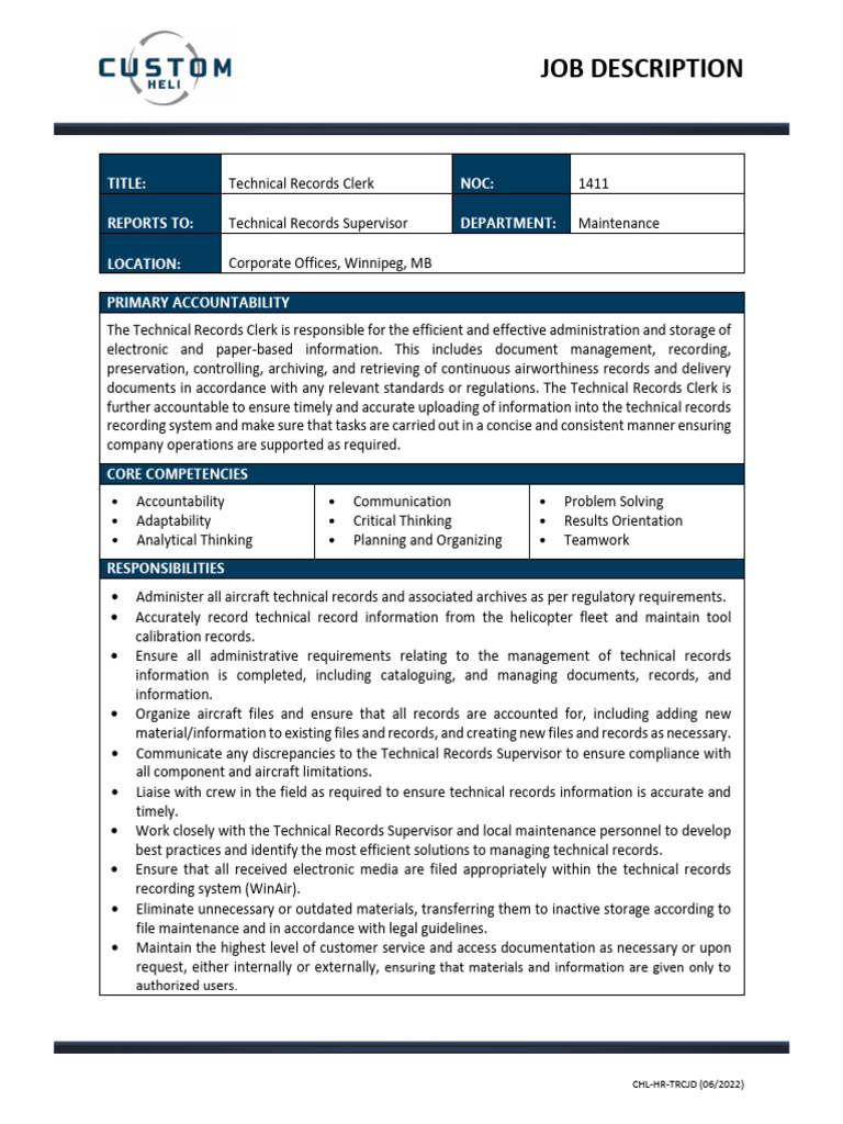 Technical Records Clerk Job Description | PDF | Records Management ...