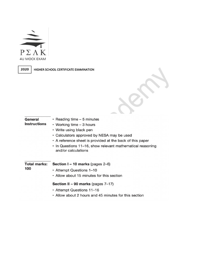 PEAK - Maths Ext 2 - Mock HSC Exam 2020 | PDF | Complex Number | Mathematical Analysis