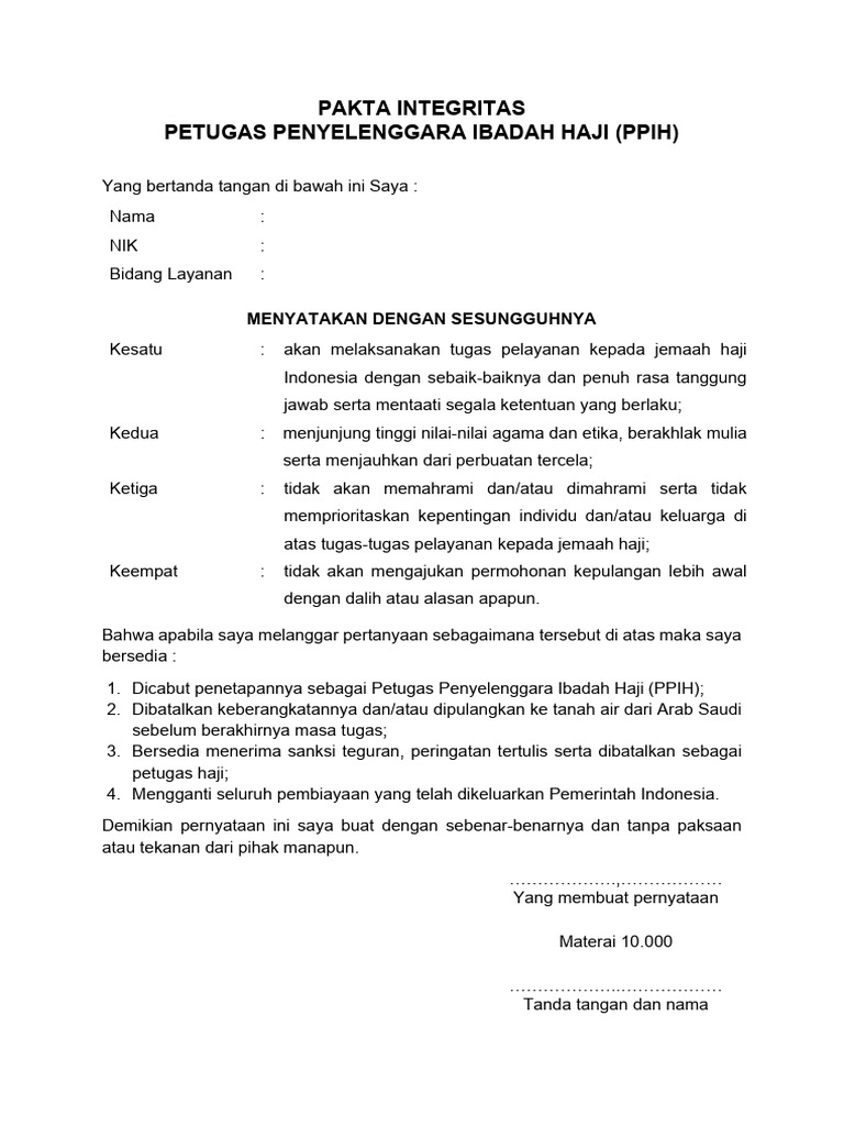Pakta Integritas dan Pernyataan PPIH Haji | PDF | Pengelolaan Keuangan & Uang | Politik