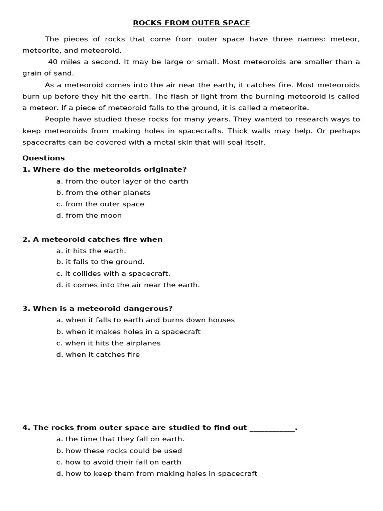 REading Passage-Grade 6 | PDF | Meteoroid | Asteroid