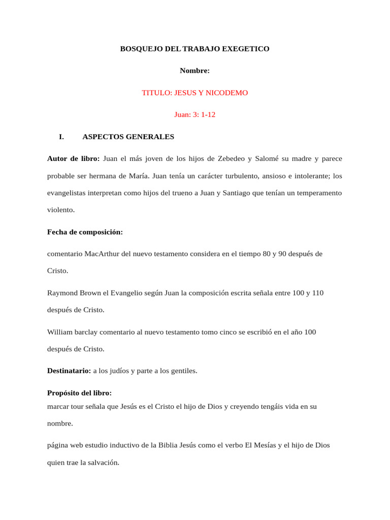 Bosquejo Del Trabajo Exegetico 1 | PDF | Juan el apóstol | Jesús