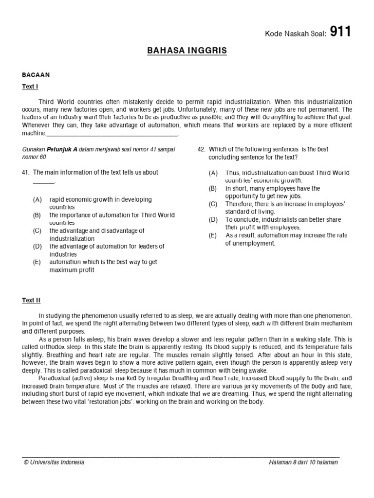 Soal Tes Bahasa Inggris SIMAK UI | PDF | Sleep | Rapid Eye Movement Sleep