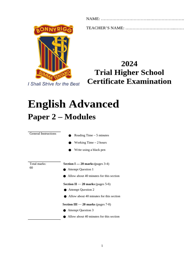 Bonnyrigg English Advanced Paper 2 Trial HSC Examination 2024 | PDF | Poetry