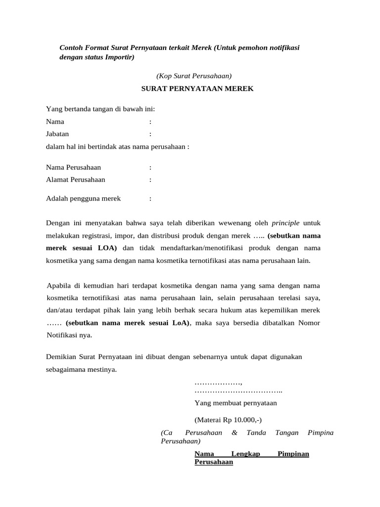 Contoh Format Surat Pernyataan Terkait Merek | PDF | Bisnis | Hukum