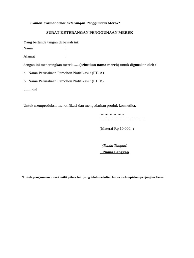 Contoh Surat Keterangan Merek | PDF